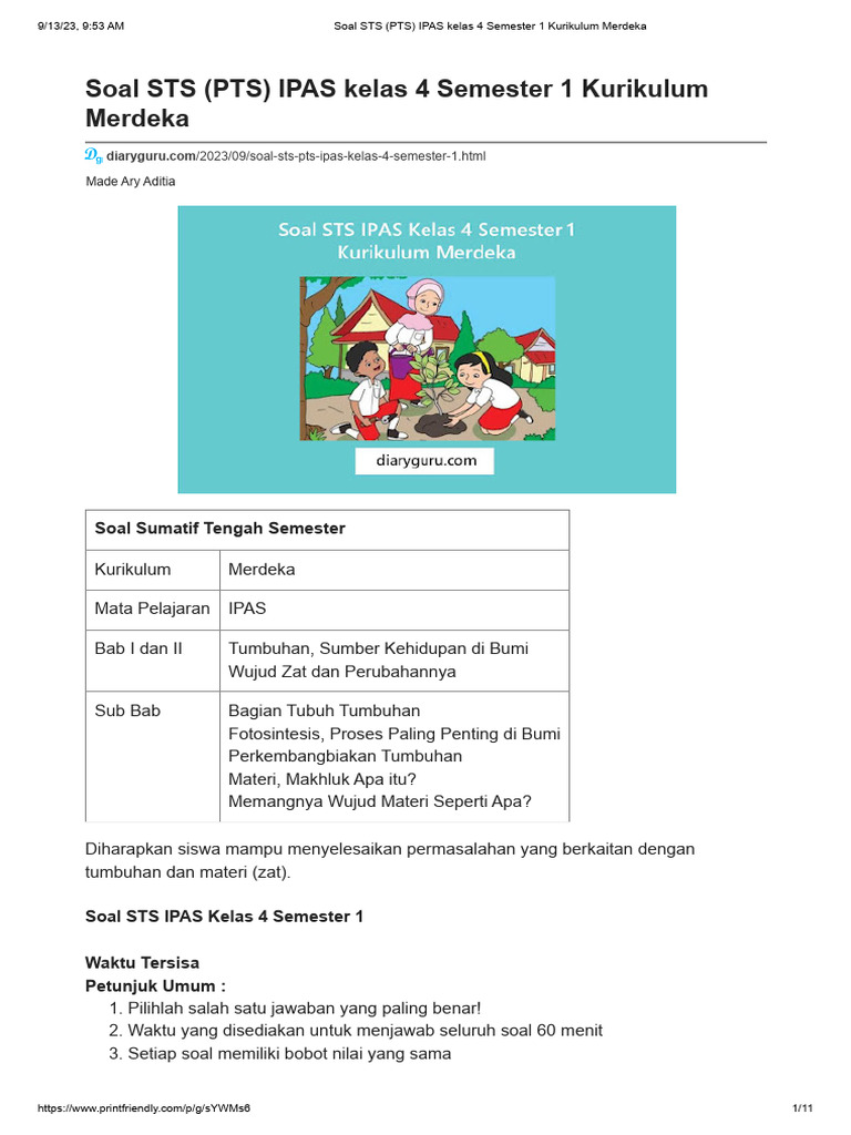 Soal STS (PTS) IPAS Kelas 4 Semester 1 Kurikulum Merdeka | PDF