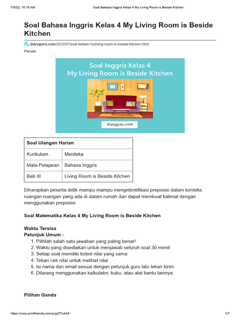 Soal Bahasa Inggris Kelas 4: Ruangan Rumah | PDF | Room | Home