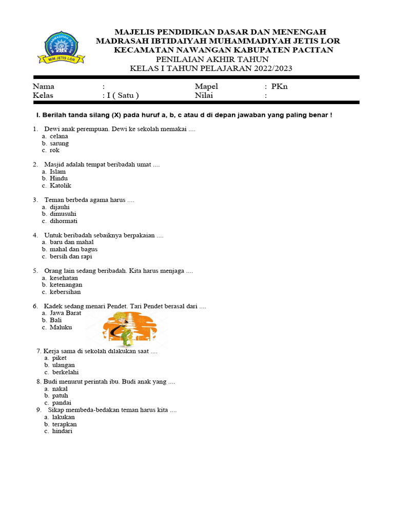 Soal UAS PKN Kelas 1 Semester 1 | PDF