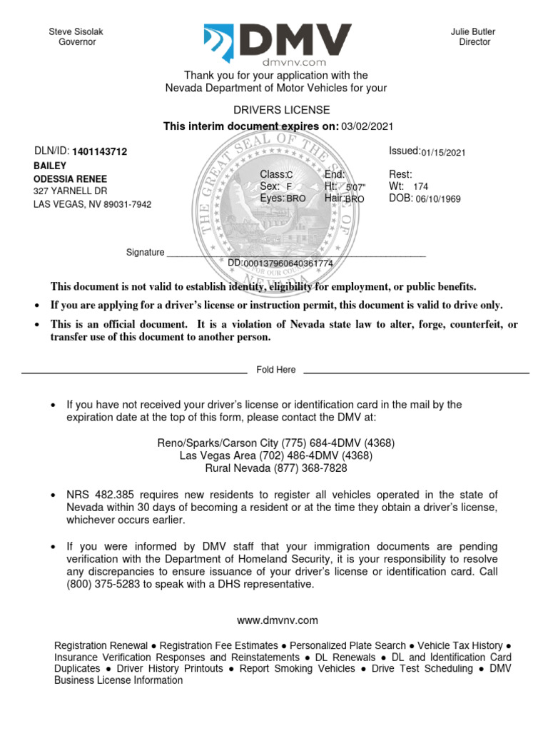 Nevada DMV Driver's License Document | PDF | Driver's License | Department Of Motor Vehicles