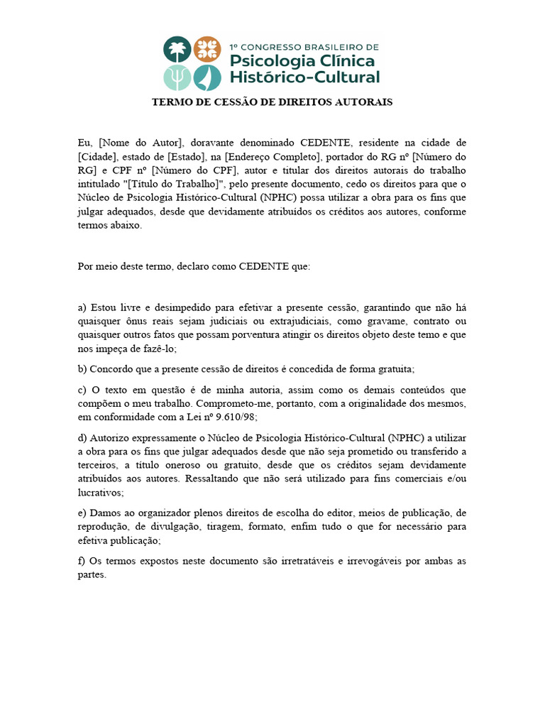 Termo De Cessão De Direitos Autorais Autor Pdf