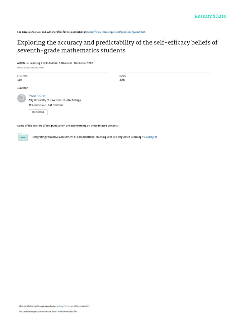 Jurnal Exploring The Accuracy and Predictability of The Self Efficacy Beliefs of Seventh Grade ...
