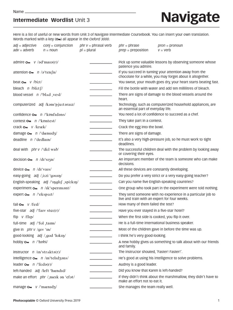 Navigate Intermediate Wordlist Unit 3 | PDF | Languages | Foreign Language Studies