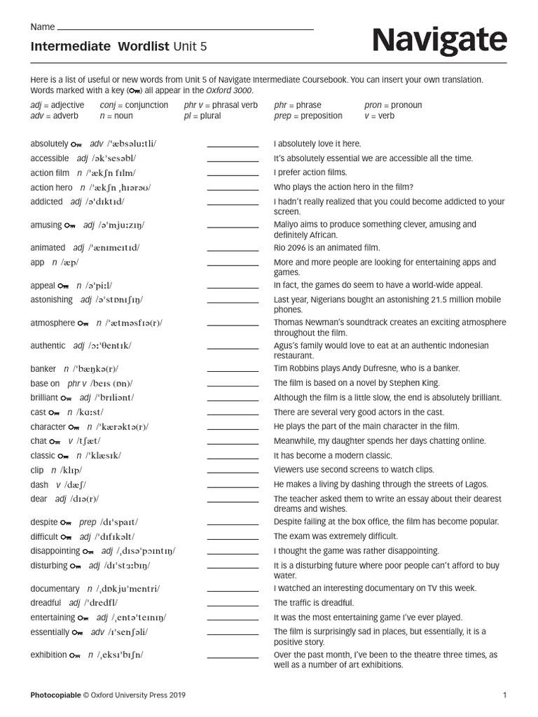 Navigate Intermediate Wordlist Unit 5 | PDF | Verb | Grammar