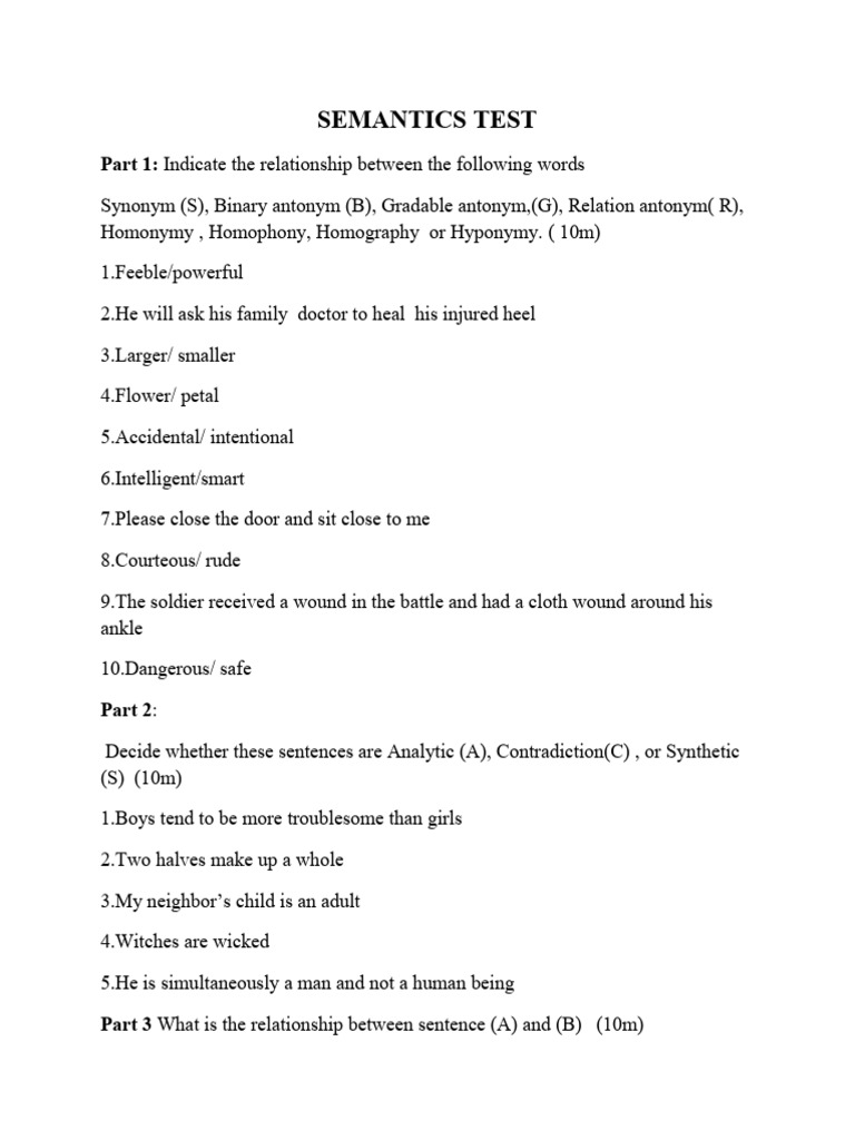 Semantics Test: Relationships and Analysis | PDF | Lexical Semantics ...