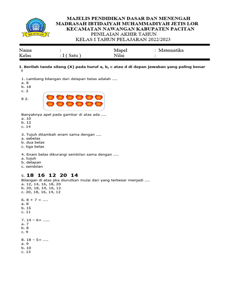 Soal UAS Matematika Kelas 1 Semester 1 | PDF