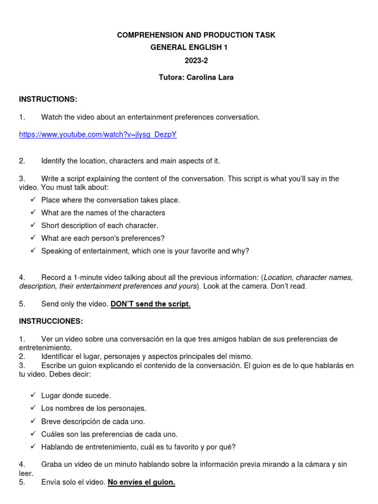 GENERAL ENGLISH I - Comprehension Production Task | PDF