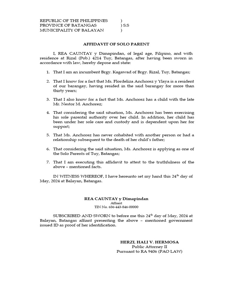 Affidavit of Solo Parent - Brgy. Official | PDF | Social Science | Law