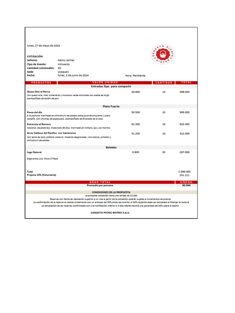 Cotización Almuerzo - Nancy Jaimes - 2024 | PDF | Cocina | Alimentos