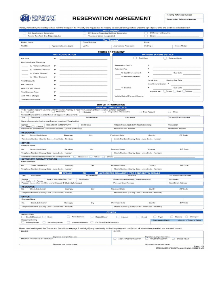 Smdc Reservation Agreement | PDF