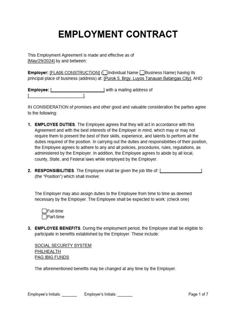 Employment Contract Template | PDF | Employment | Business