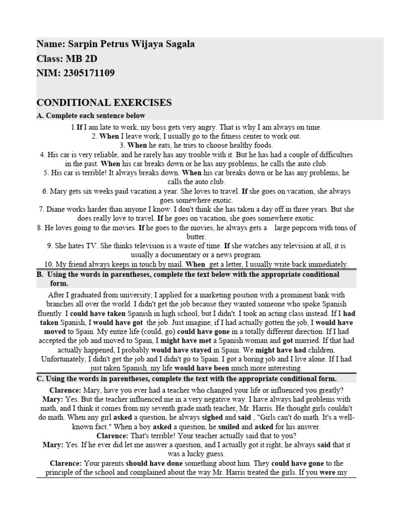TOPIC 15 ALL CONDITIONAL SENTENCES EXERCISES Sarpin Sagala | PDF