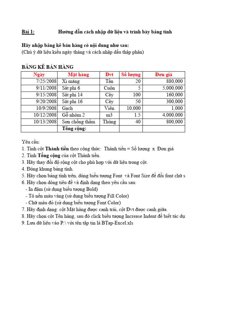 BT Excel Chinh Thuc | PDF