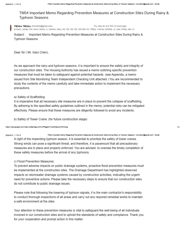 TM54 Important Memo Regarding Prevention Measures at Construction Sites ...