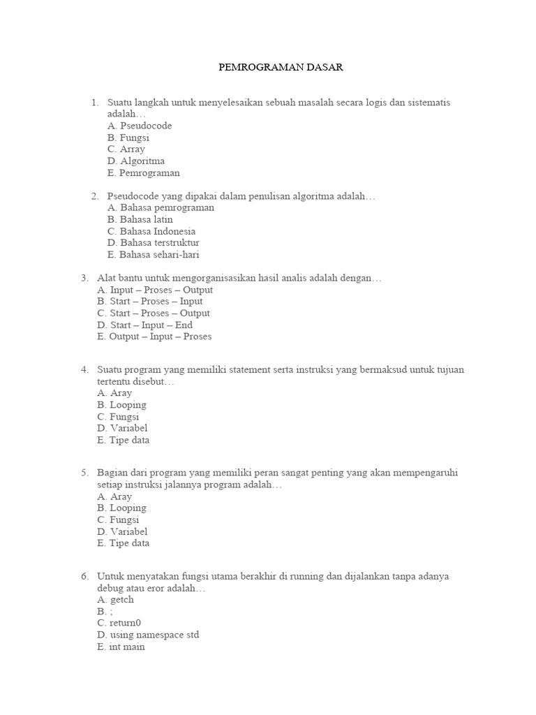 Soal Kelas X Pemrograman Dasar | PDF | Metode & Bahan Ajar | Teknologi ...