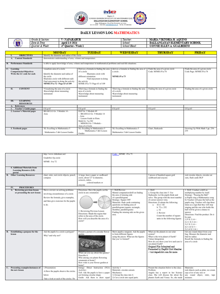 DLL - Mathematics 5 - Q4 - W1 | PDF | Area | Circle