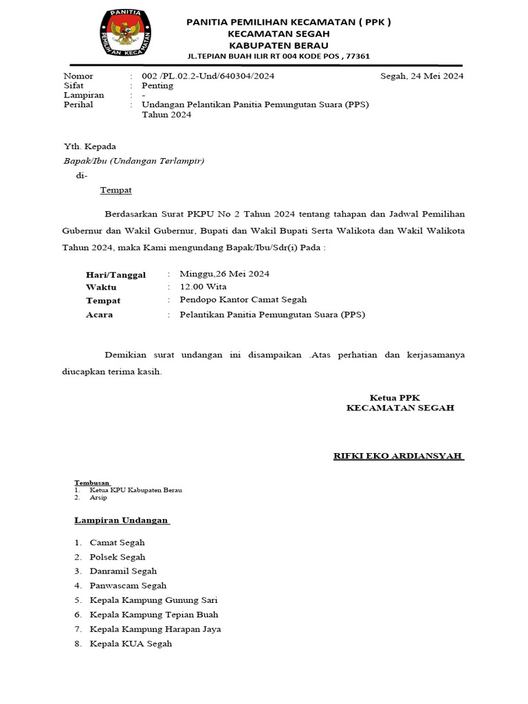 Undangan Pelantikan PPS 2024 Segah | PDF