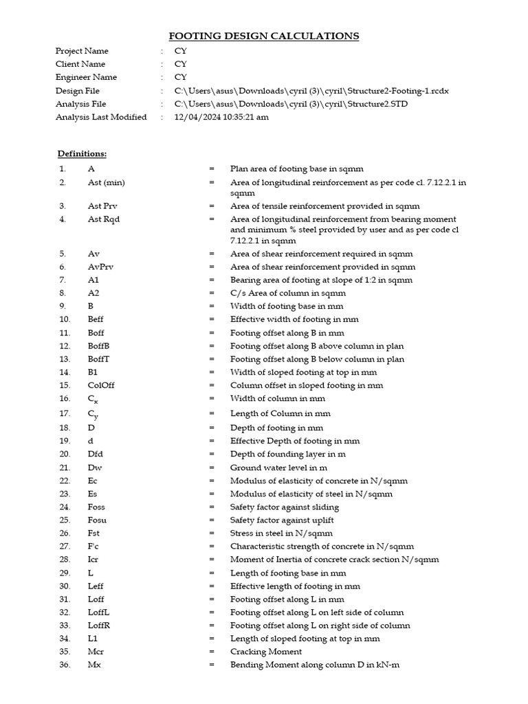Footing Design Calculations Overview | PDF | Bending | Force