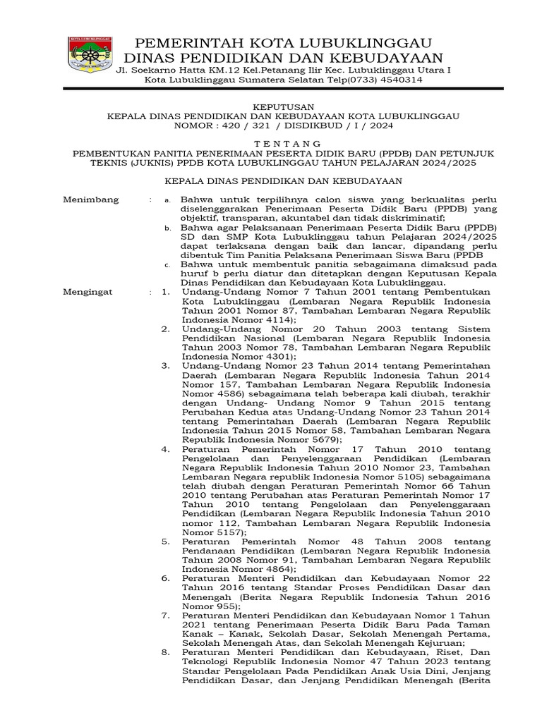 Draft SK JUKNIS PPDB 2024 LUBUKLINGGAU | PDF