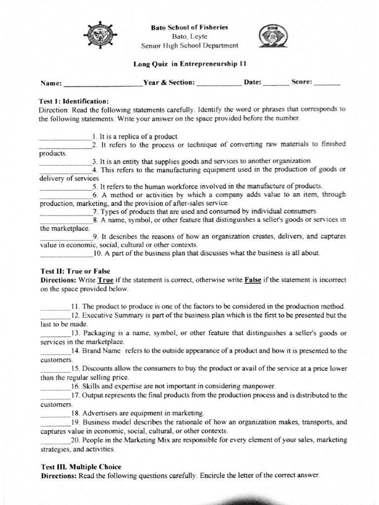 Long Test in Entrep | PDF