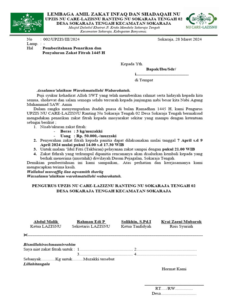 Surat Pemberitahuan Zakat Fitrah | PDF