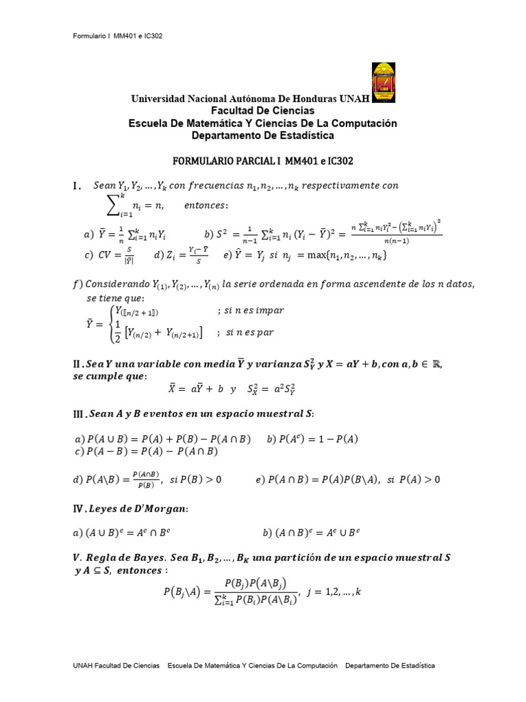 Formulario Estadístico UNAH MM401 IC302 | PDF