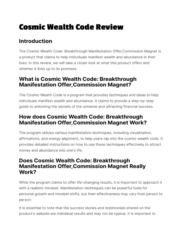 Cosmic Wealth Code Review | PDF | Customer Satisfaction | Pricing