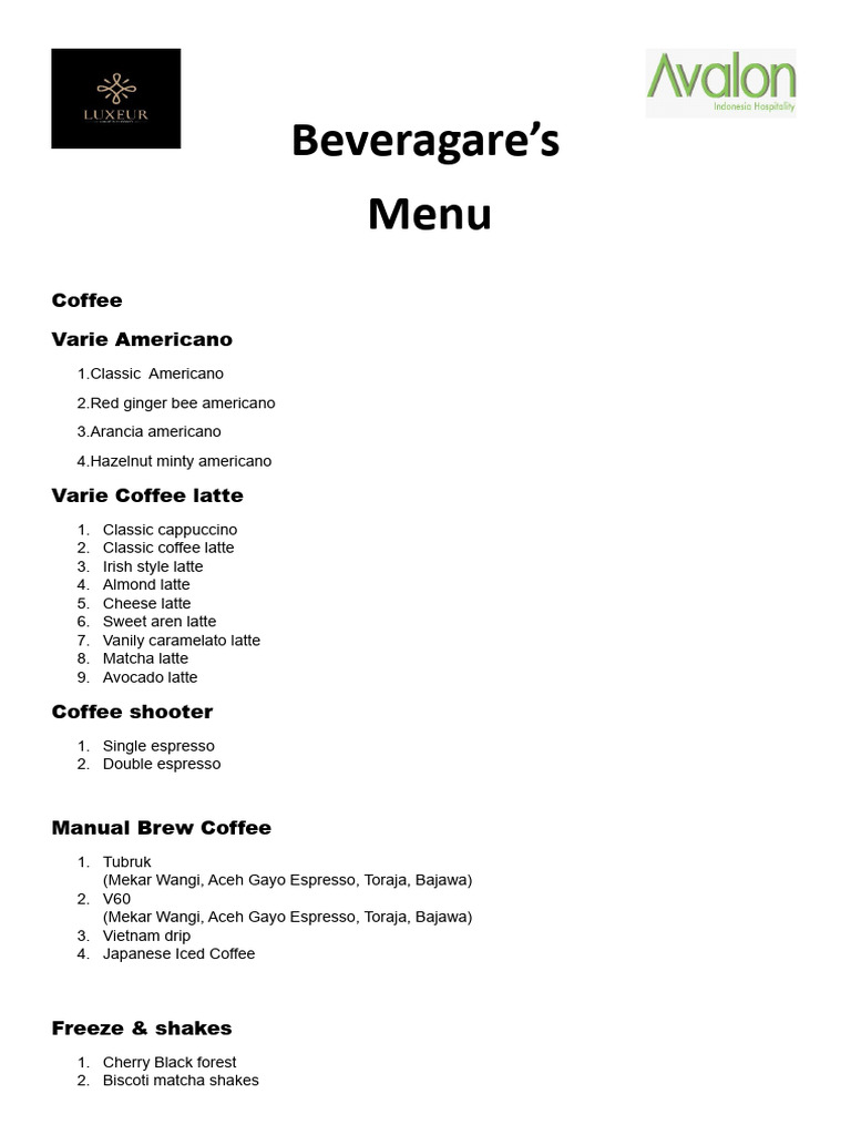 Coffee and Beverage Menu Options | PDF | Cooking, Food & Wine