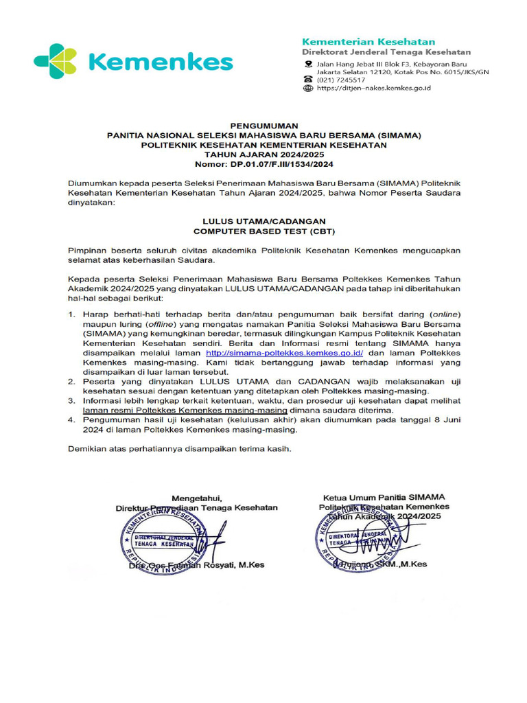 Pengumuman Tahap I Simama | PDF