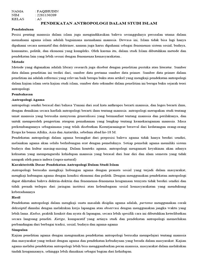Resume Jurnal Pendekatan Antropologi Dalam Studi Islam | PDF