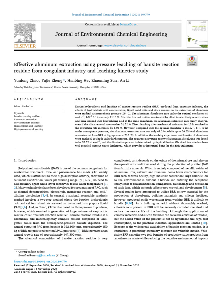 Aluminum Extraction from Bauxite Residue | PDF | Aluminium | Chemical ...
