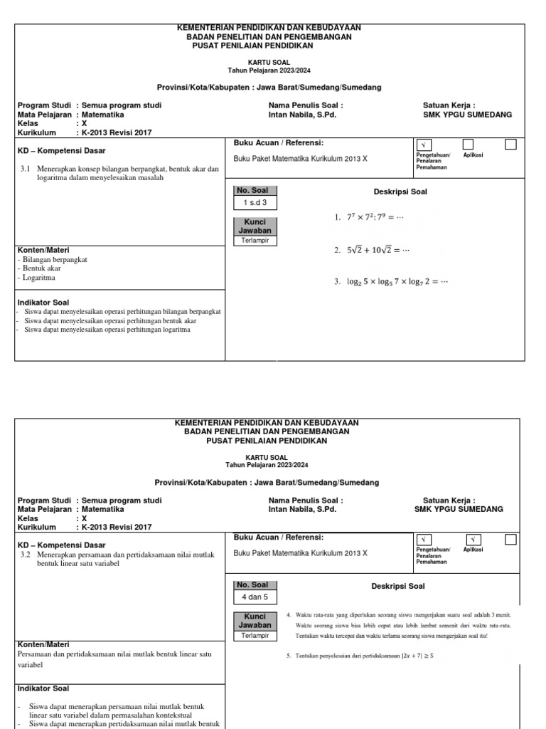 Kartu Soal Pat MTK Kelas X 2024 | PDF