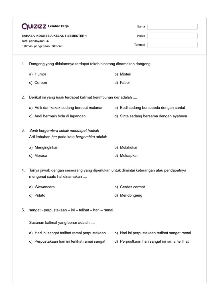 BAHASA INDONESIA KELAS 5 SEMESTER 1 - Quizizz | PDF