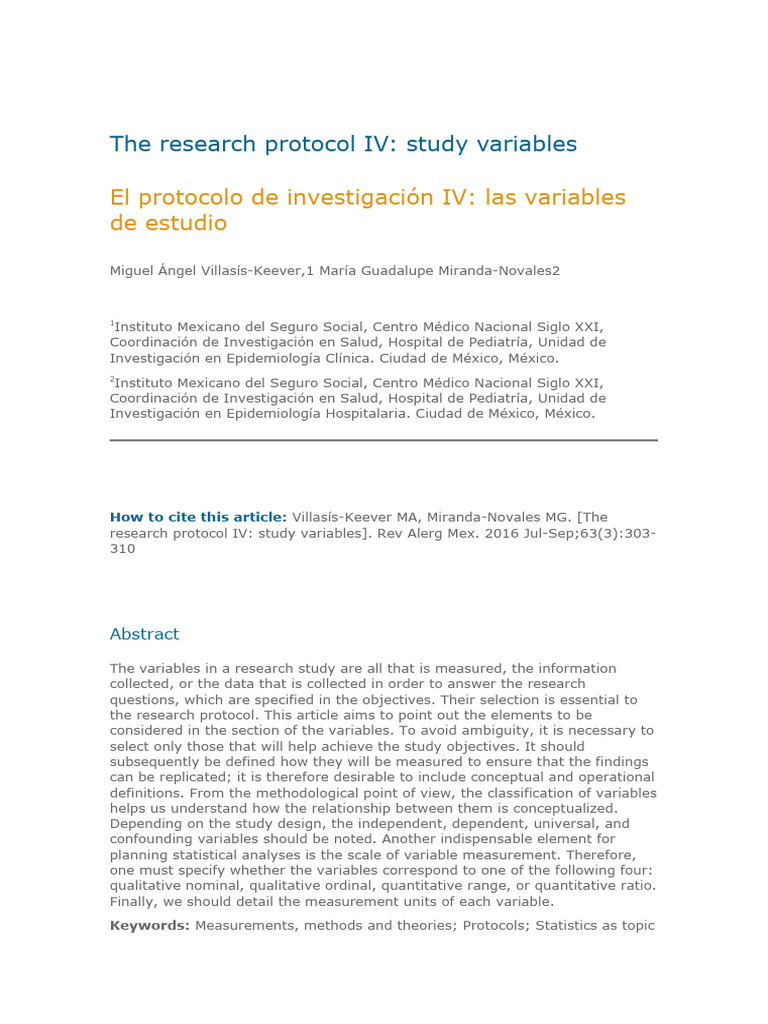The Research Protocol IV: Study Variables: El Protocolo de Investigación IV: Las Variables de ...
