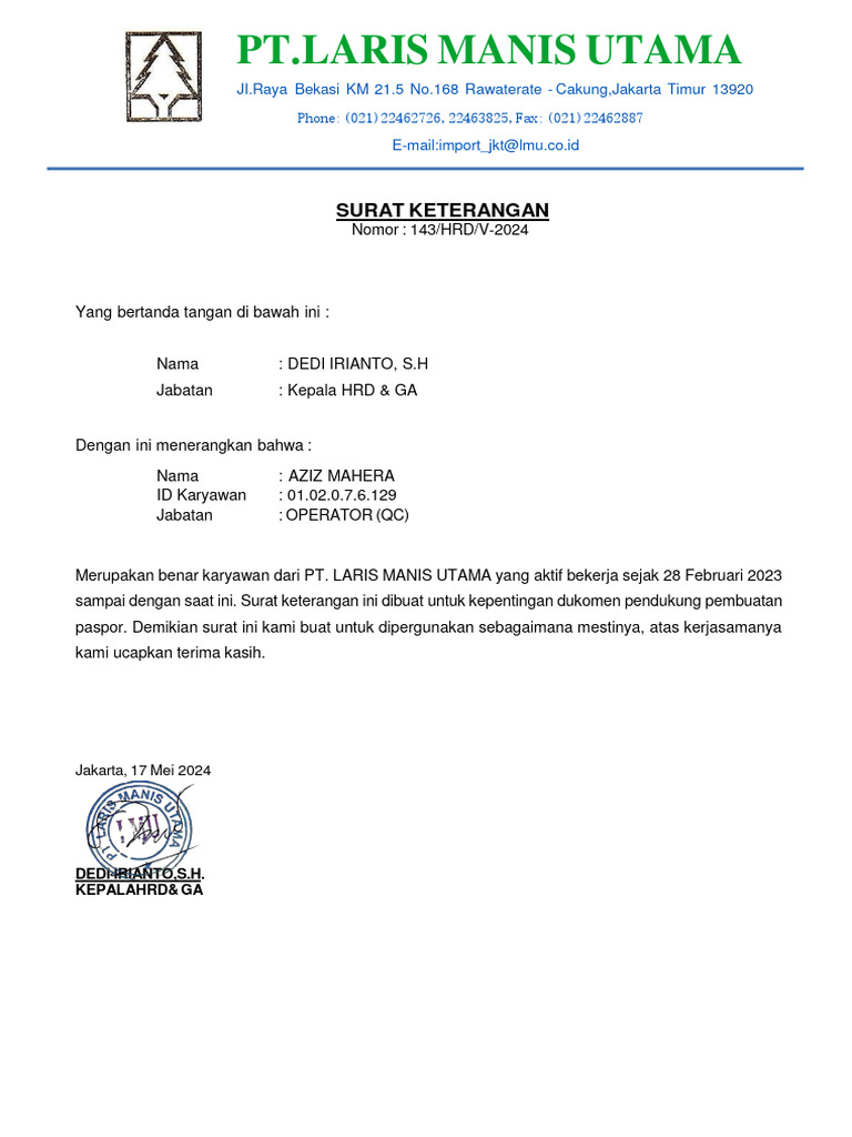 PT LARIS MANIS UTAMA - SURAT AKTIF KERJA - Aziz Mahera-1 | PDF
