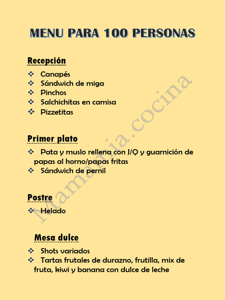 Menu para 100 Personas | PDF