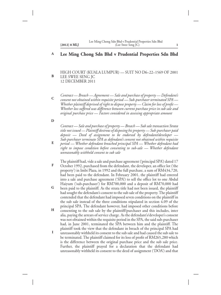 Lee Ming Chong SDN BHD V Prudential Properties SDN BHD | PDF | Real ...