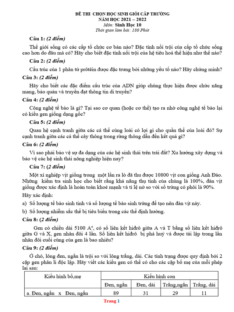De Thi HSG Sinh 10 Cap Truong 2021 2022 | PDF
