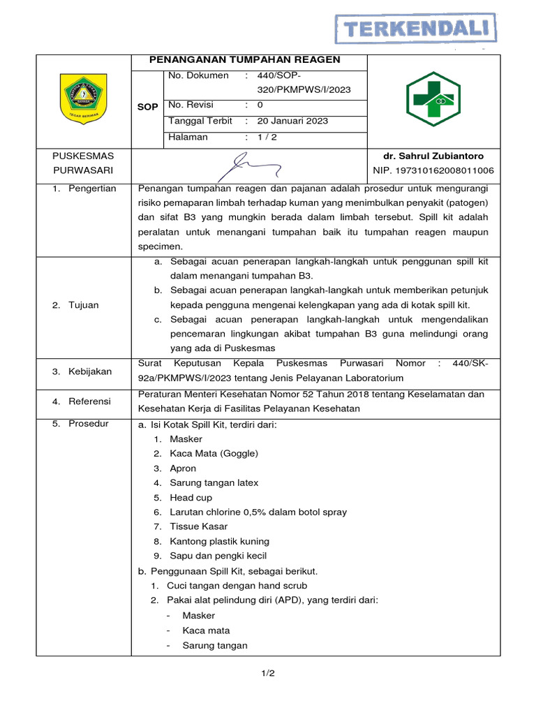 Sop Penanganan Tumpahan Reagen | PDF