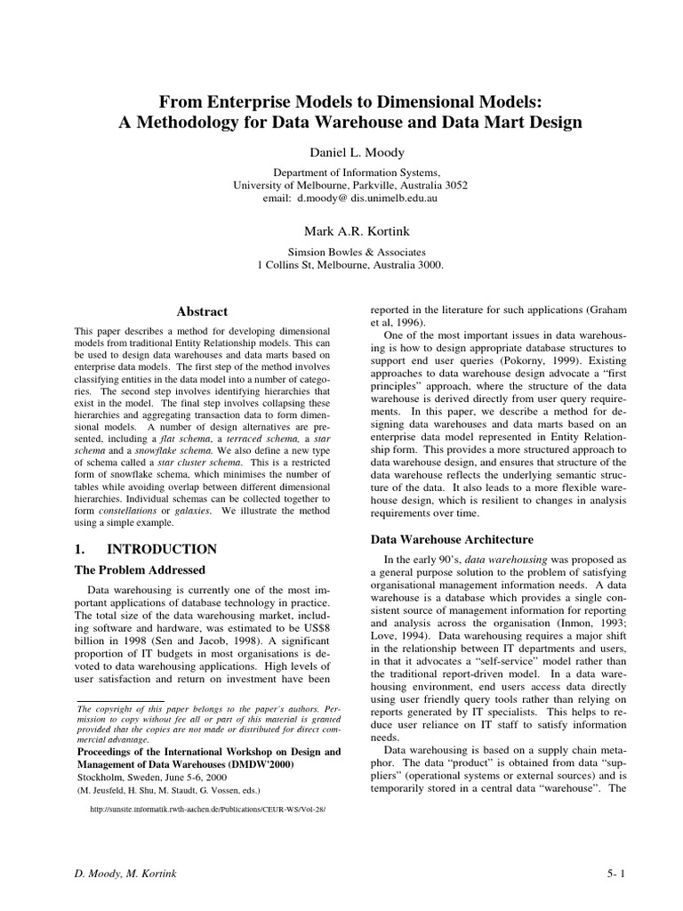 From Enterprise Models To Dimensional Models - A Methodology For Data Warehouse and Data Mart ...