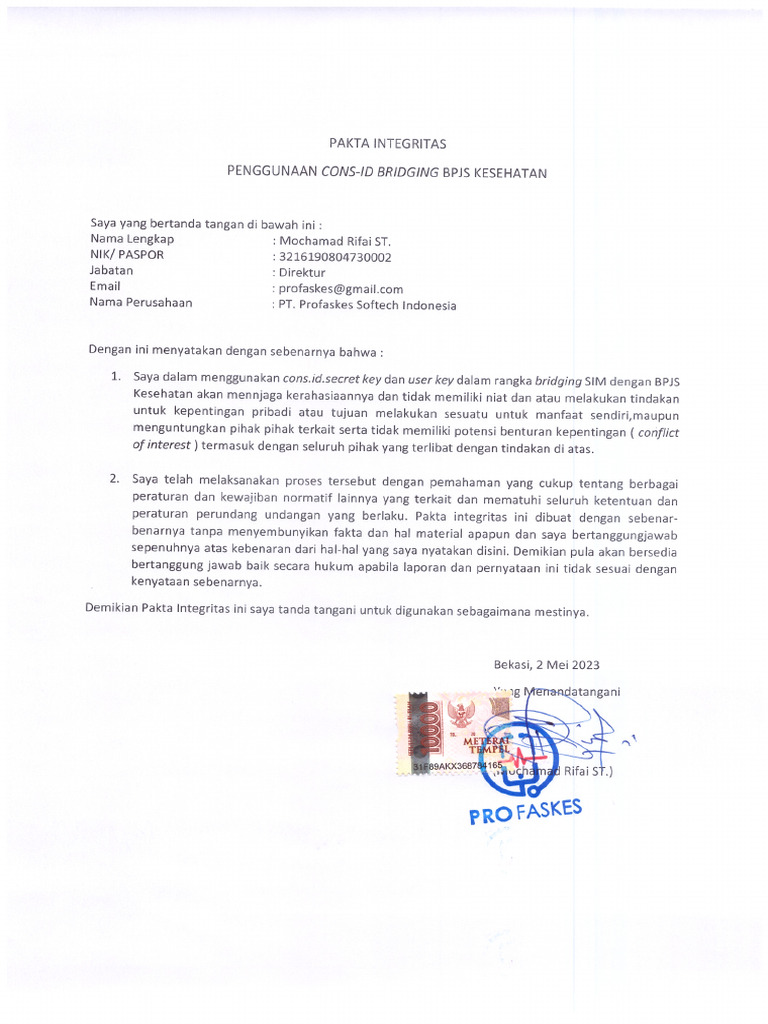 Pakta Integritas Profaskes. | PDF