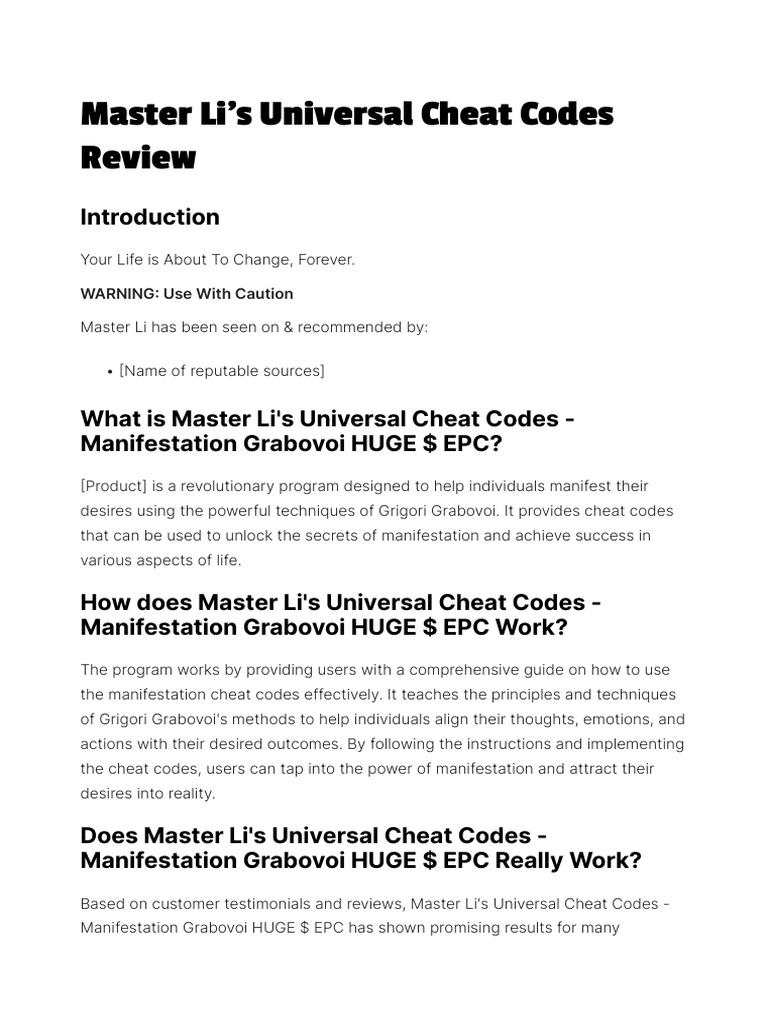 Master Lis Universal Cheat Codes Review | PDF | Cheating In Video Games | Social Psychology