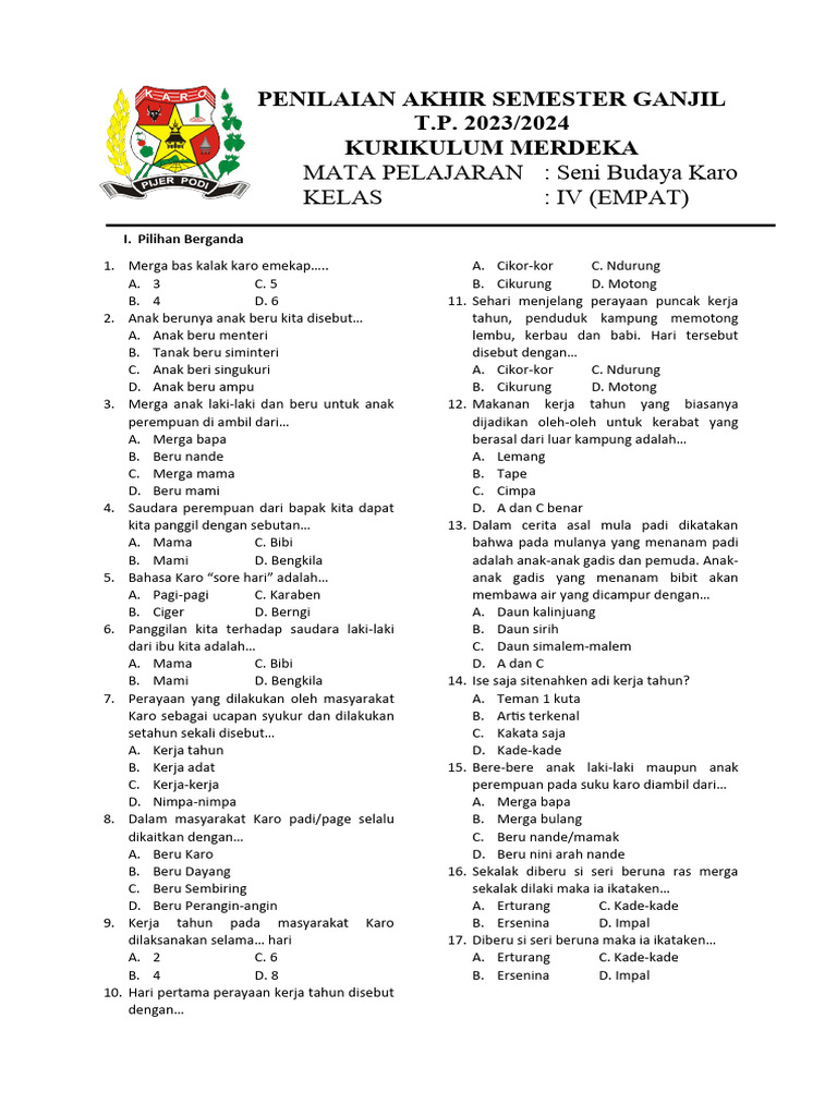 SOAL PAS Seni Budaya Karo | PDF
