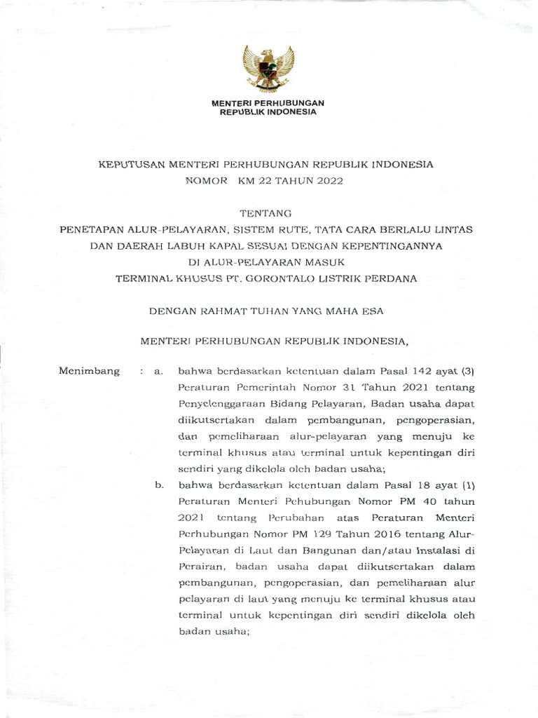 2022kmkemenhub022 - TERMINAL KHUSUS PT. GORONTALO LISTRIK PERDANA | PDF