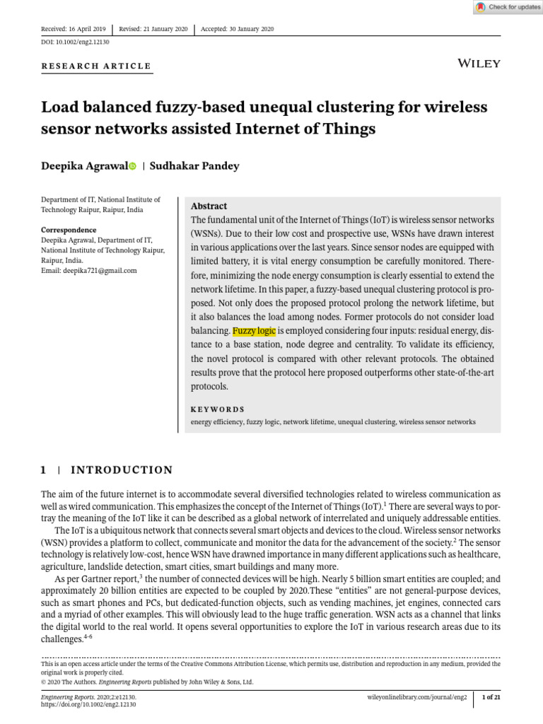 2020 Load Balanced Fuzzy Based Unequal Clustering For Wirelesssensor Networks Assisted Internet