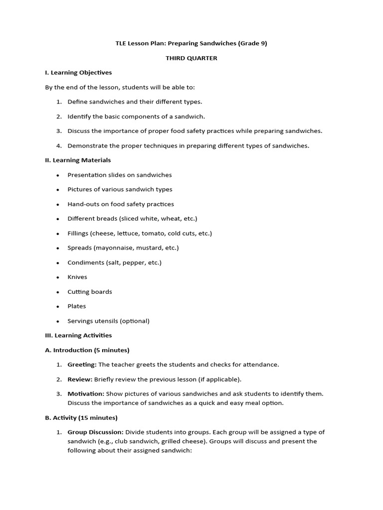 TLE Lesson Plan Grade9 | PDF | Sandwich | Foods