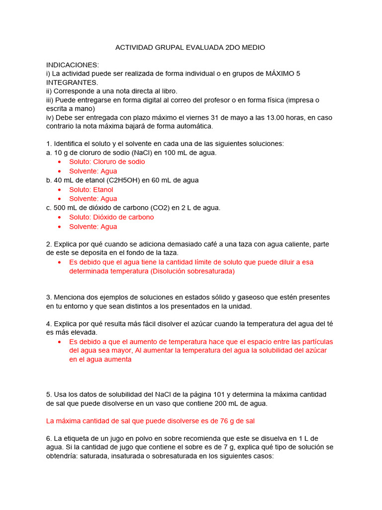Actividad Grupal Evaluada 2do Medio | PDF | Concentración | Solubilidad
