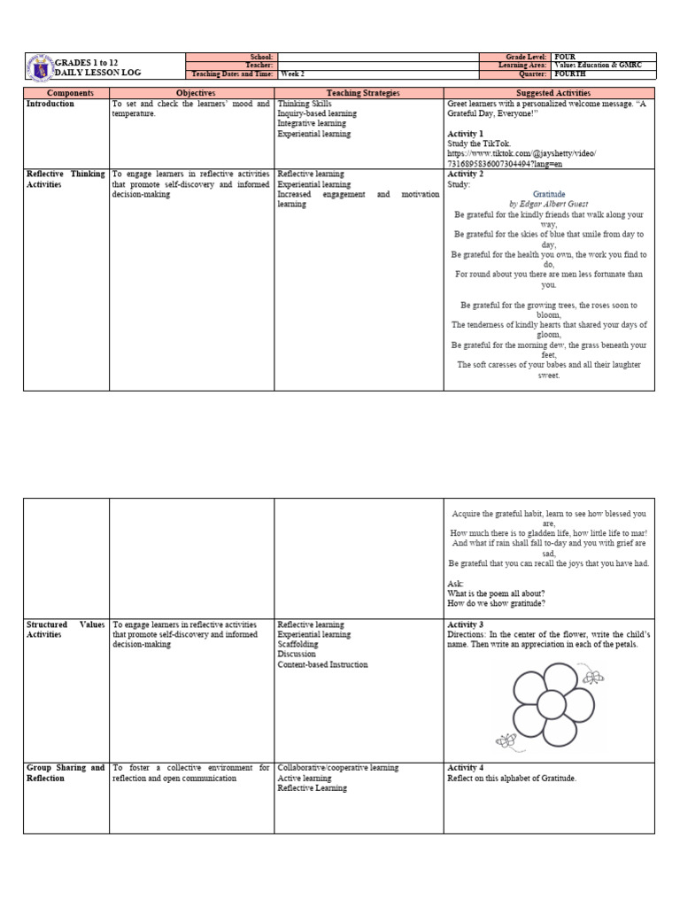 Week 2 Values Education Activities | PDF | Learning | Teaching