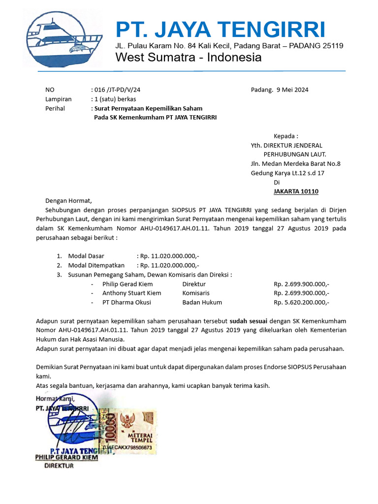 Surat Pernyataan Kepemilikan Saham | PDF