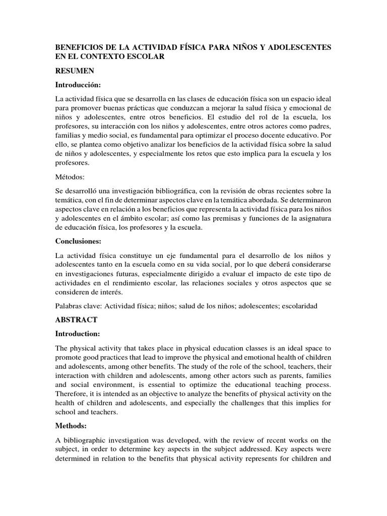 Beneficios de La Actividad Física para Niños y Adolescentes en El ...